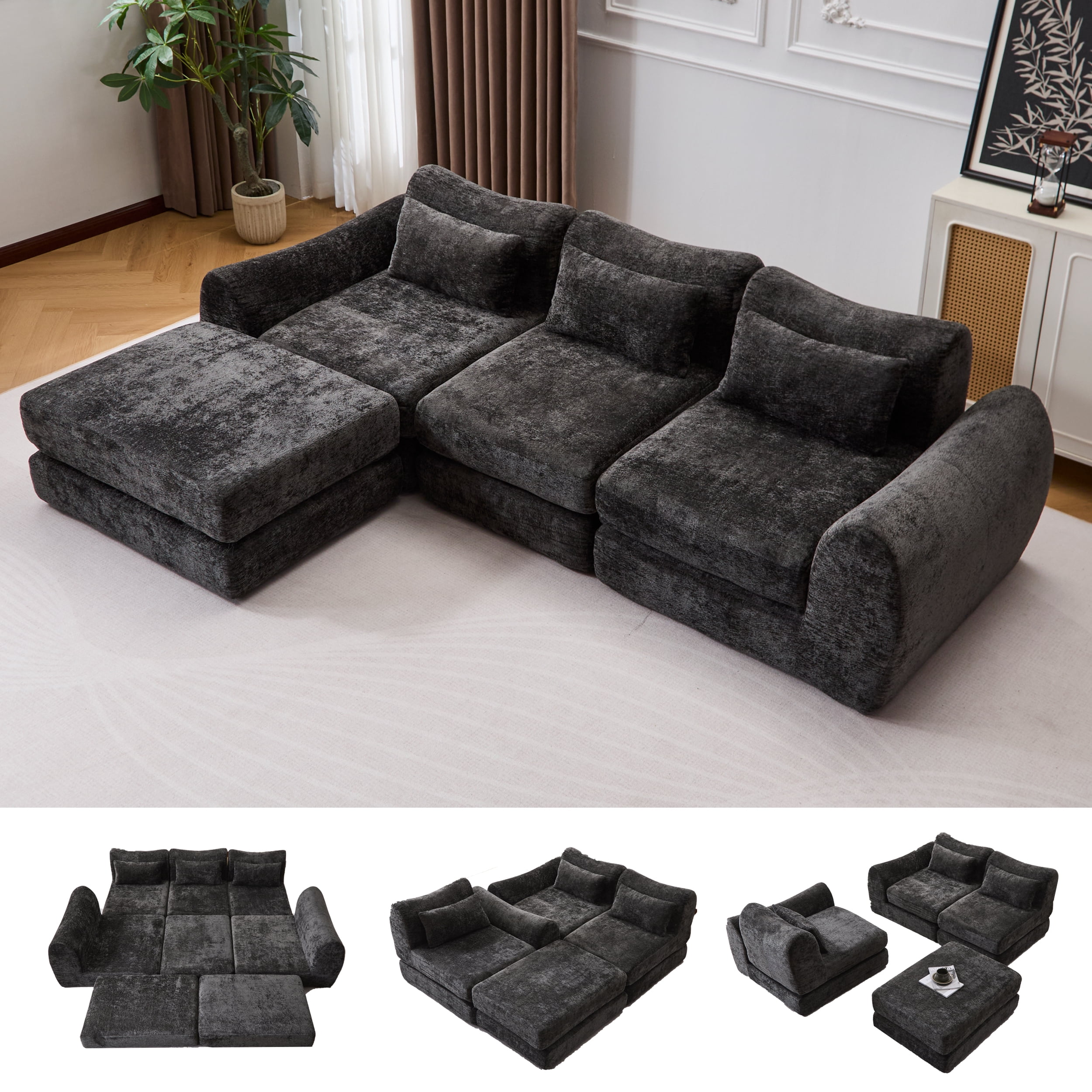 BSHTI Foldable Wave Star Modular Sofa, Chenille Fabric, 4-in-1 Modern ...