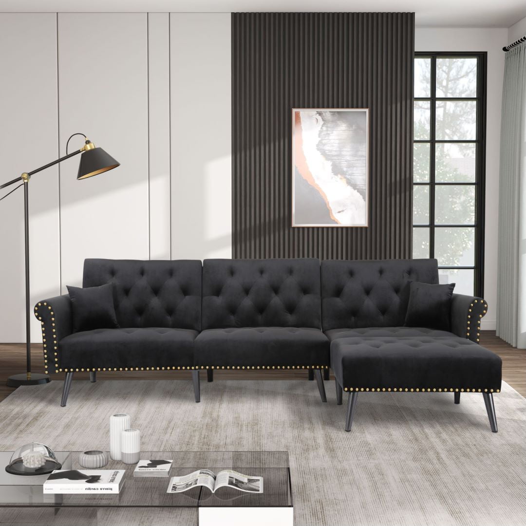 BSHTI Sectional Sofa Couch,Velvet Convertible Sleeper Futon bed with ...