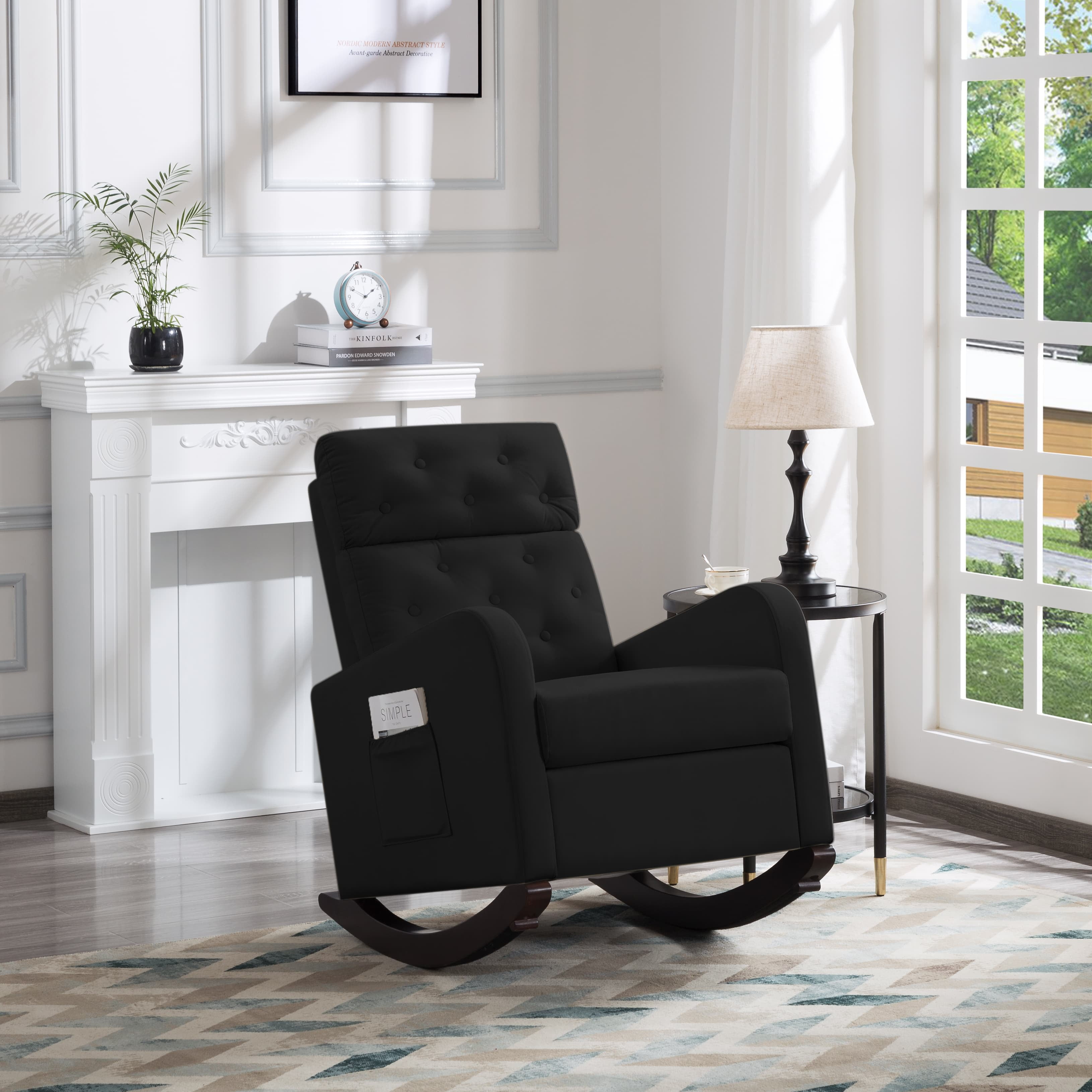 BSHTI Velvet Upholstered Rocking Chair,Square Arms with Side Pocket ...