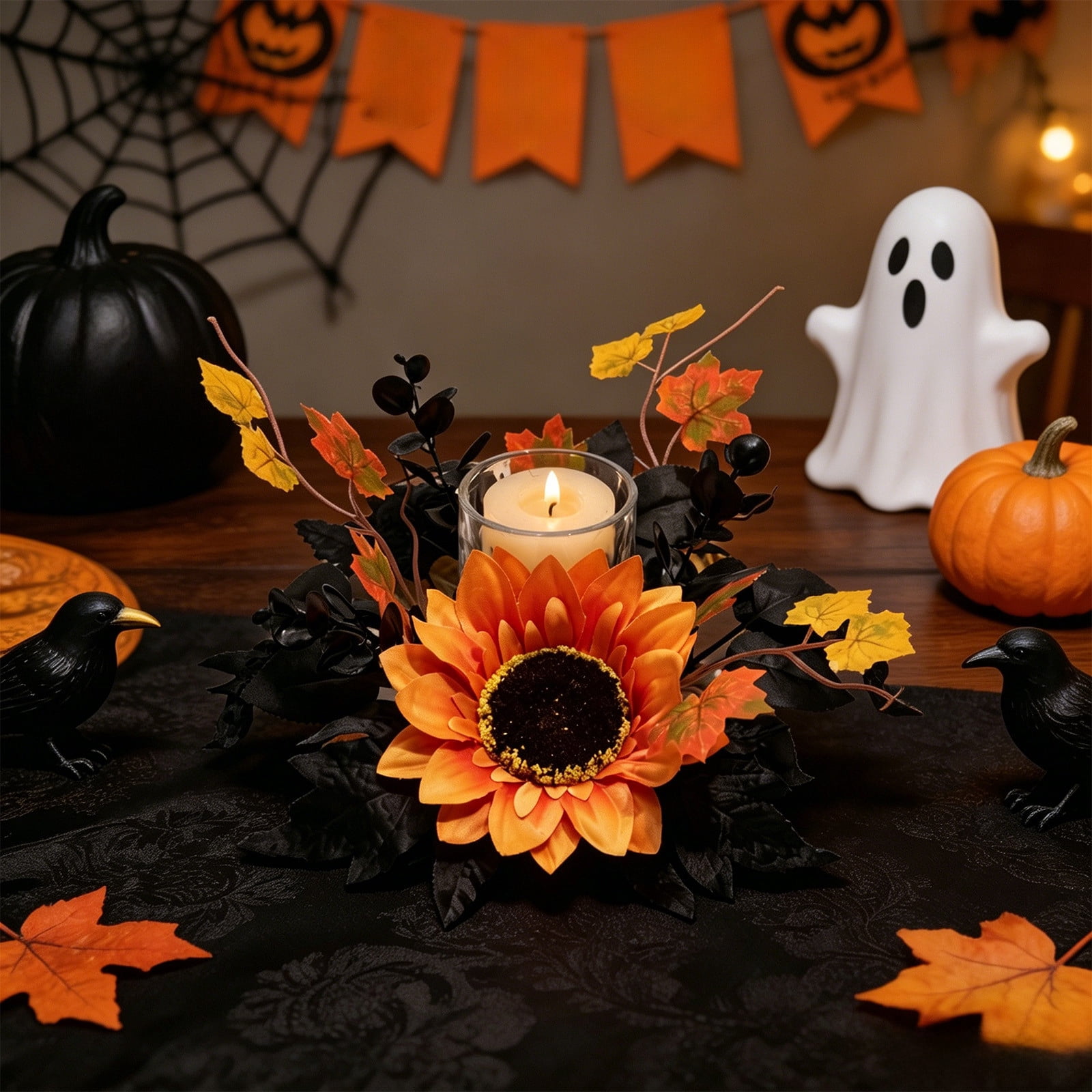 BSJJY Artificial Sunflower Candle Ring, Halloween Thanksgiving Table ...