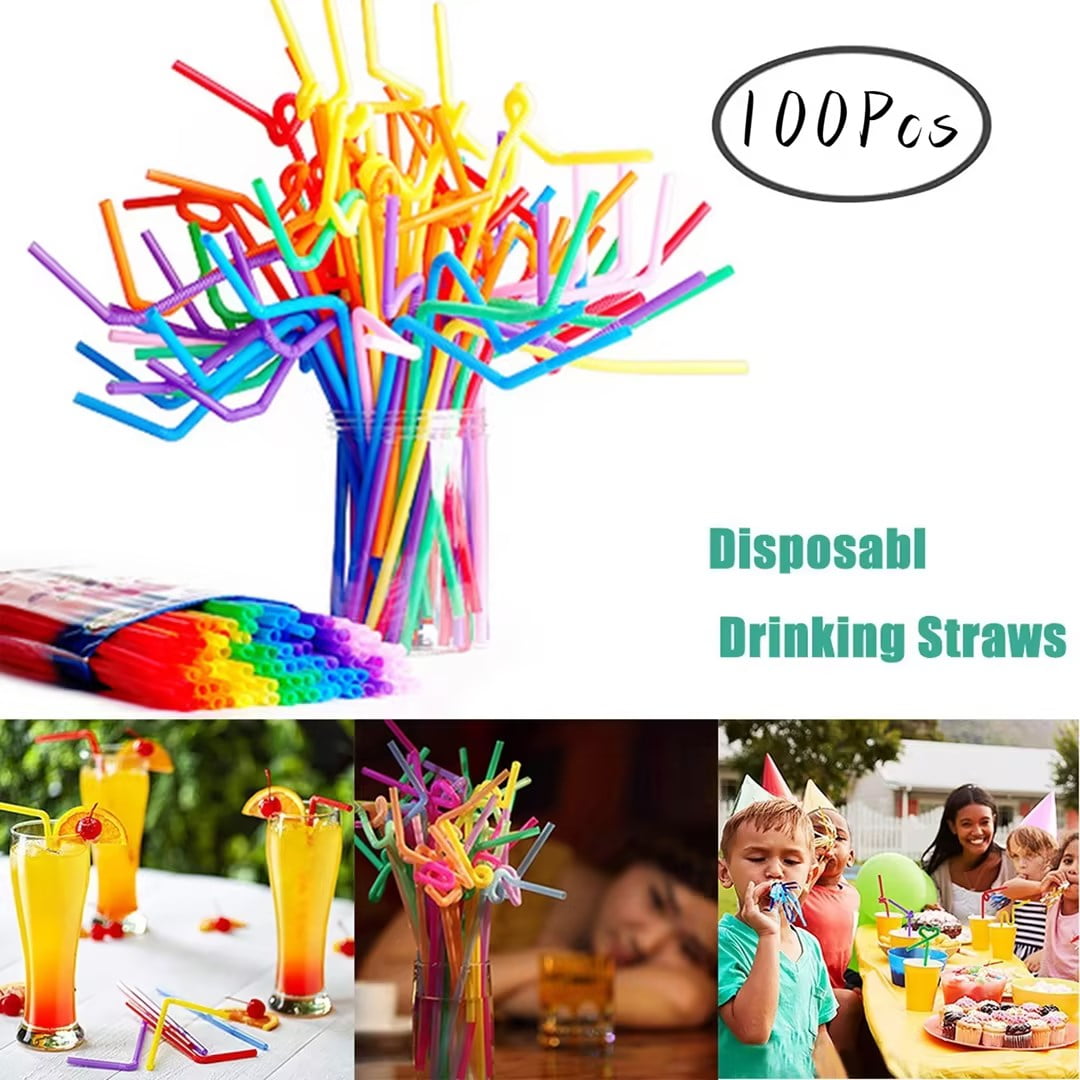 BSJJY Disposable Bendy Straws,Flexible Plastic Straws, 100 Pcs Colorful ...