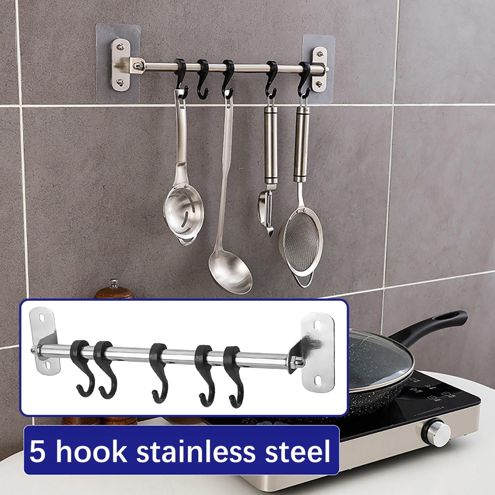 BSJJY Kitchen Rail with 5 Sliding Hooks, Wall Mount Kitchen Utensil ...