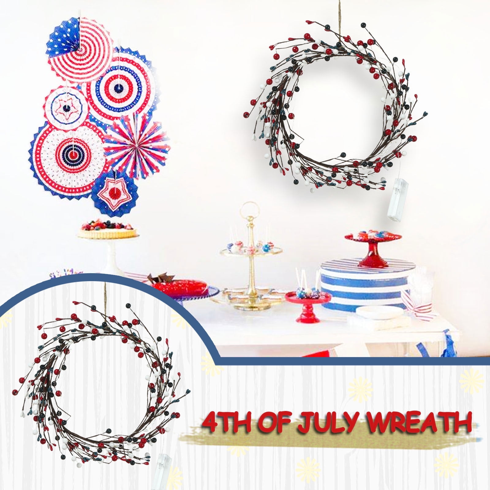 BSJJY Patriotic Berry Wreath, 4th of July Summer Decor for The Front ...