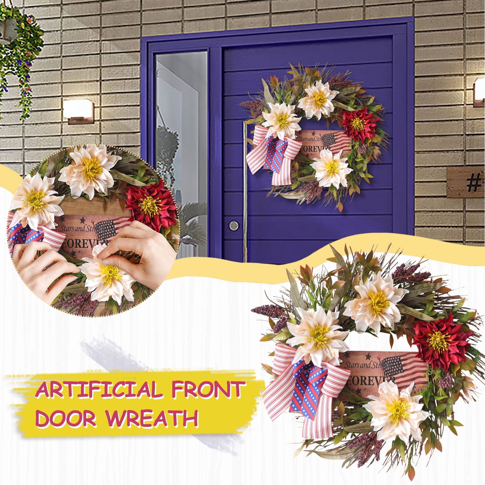 BSJJY Patriotic Wreath for Front Door with Artificial Floral 4th of ...