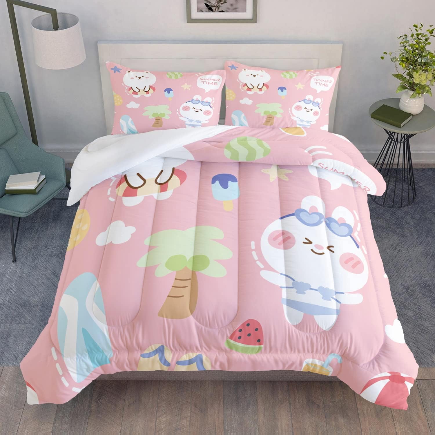 bsntho-rabbit-comforter-set-for-kids-hand-drawn-bunny-bedding-set