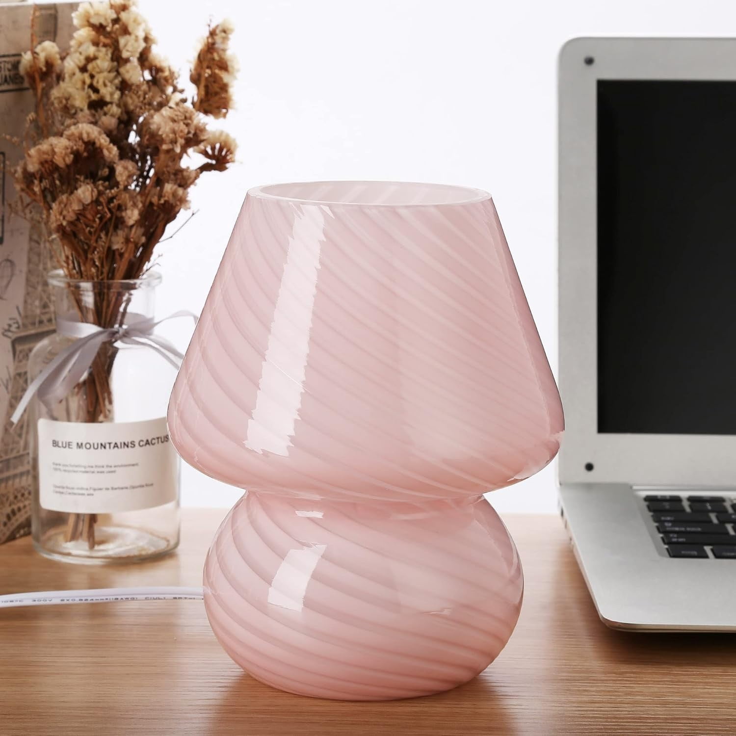 BSOD Pink Mushroom Lamp,Glass Mushroom Bedside Table Lamps Translucent ...