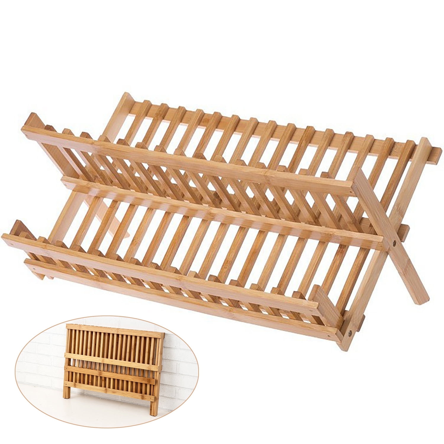 BSSINNG Bamboo Dish Dry Rack - Collapsible Wooden Collapsible Dish ...