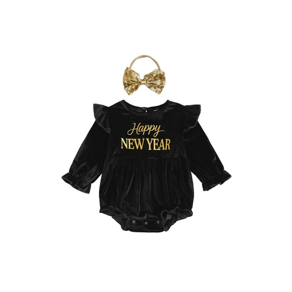 BSongo Baby Girl New Year Romper Letter Print Long Sleeve Round Neck Velvet Newborn Jumpsuit ...