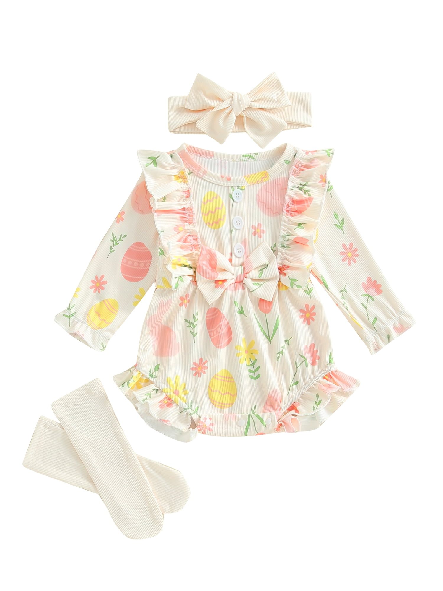 BSongo Baby Girls Easter Outfits Egg Print Long Sleeve Ruffled Bow Crew Neck Romper with ...