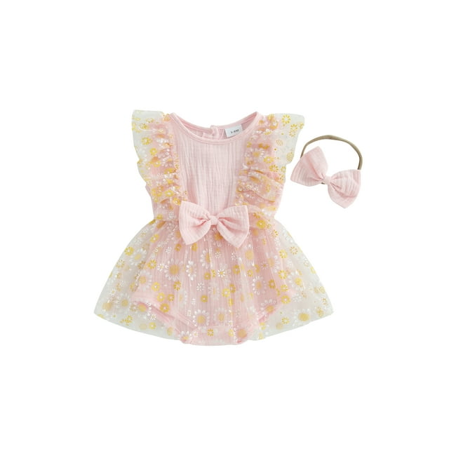 BSongo Baby Girls Rompers Dress Round Neck Daisy Print Mesh Skirt Hem Infant Bodysuits Jumpsuits ...