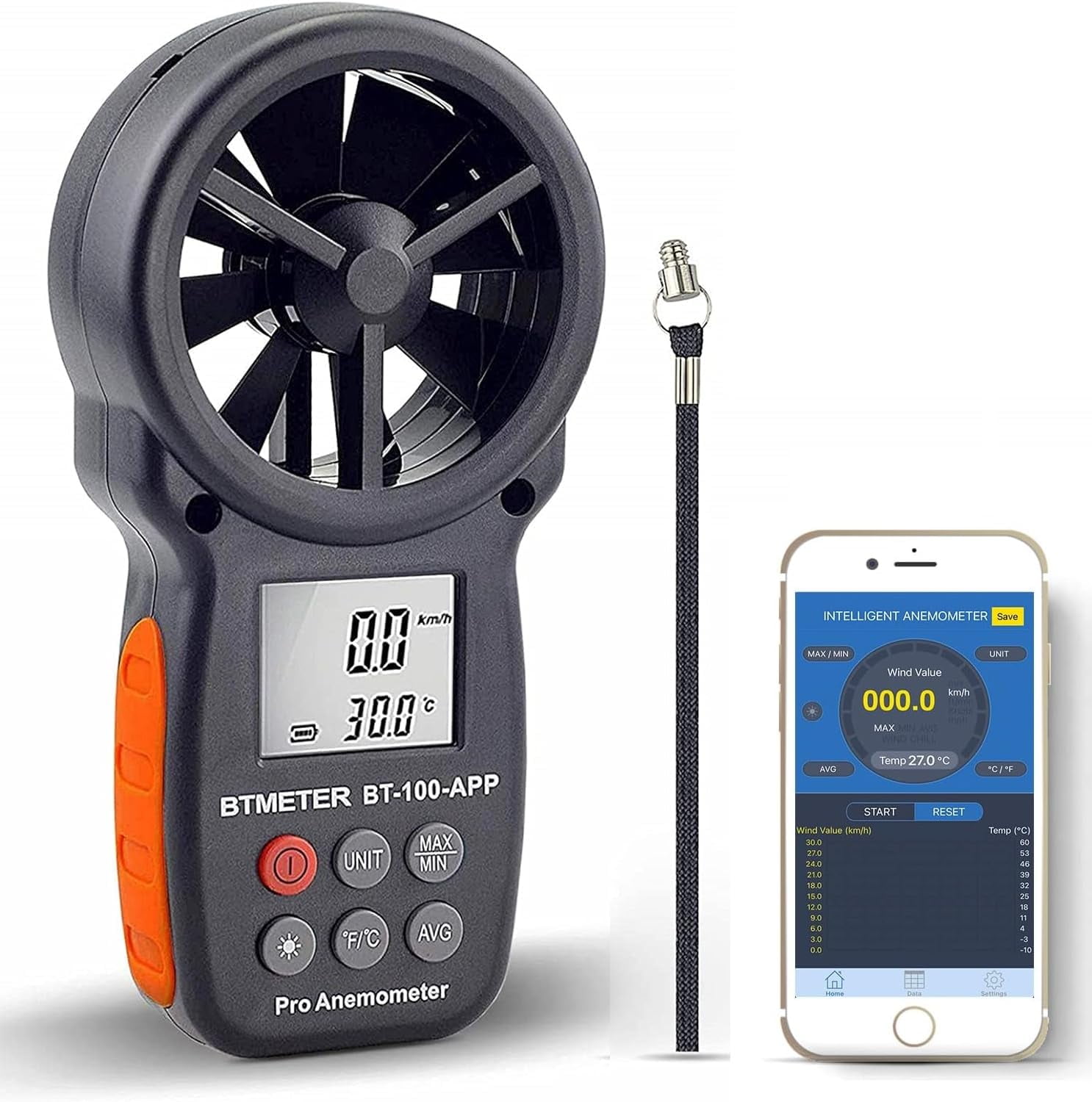 BT-100APP Anemometer w/Wireless Bluetooth, Digital Handheld Wind Speed ...