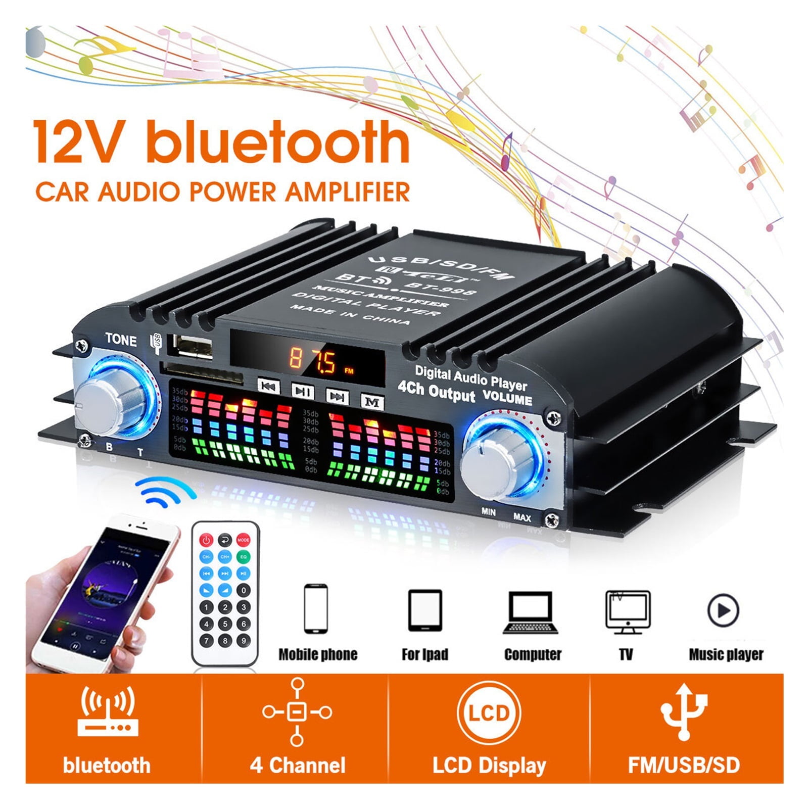BT-998 Hifi Home Digital Amplifiers Car Bass Power Bluetooth Amplifier ...
