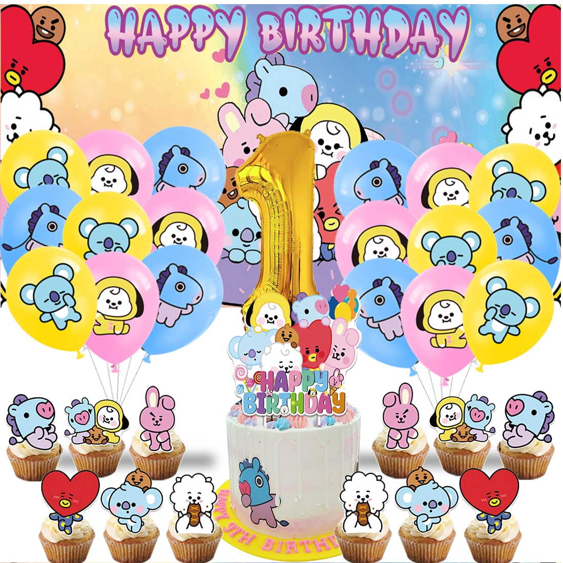 BT21 Balloons Party Supplies 1st Decor Tableware Birthday Cake Topper ...