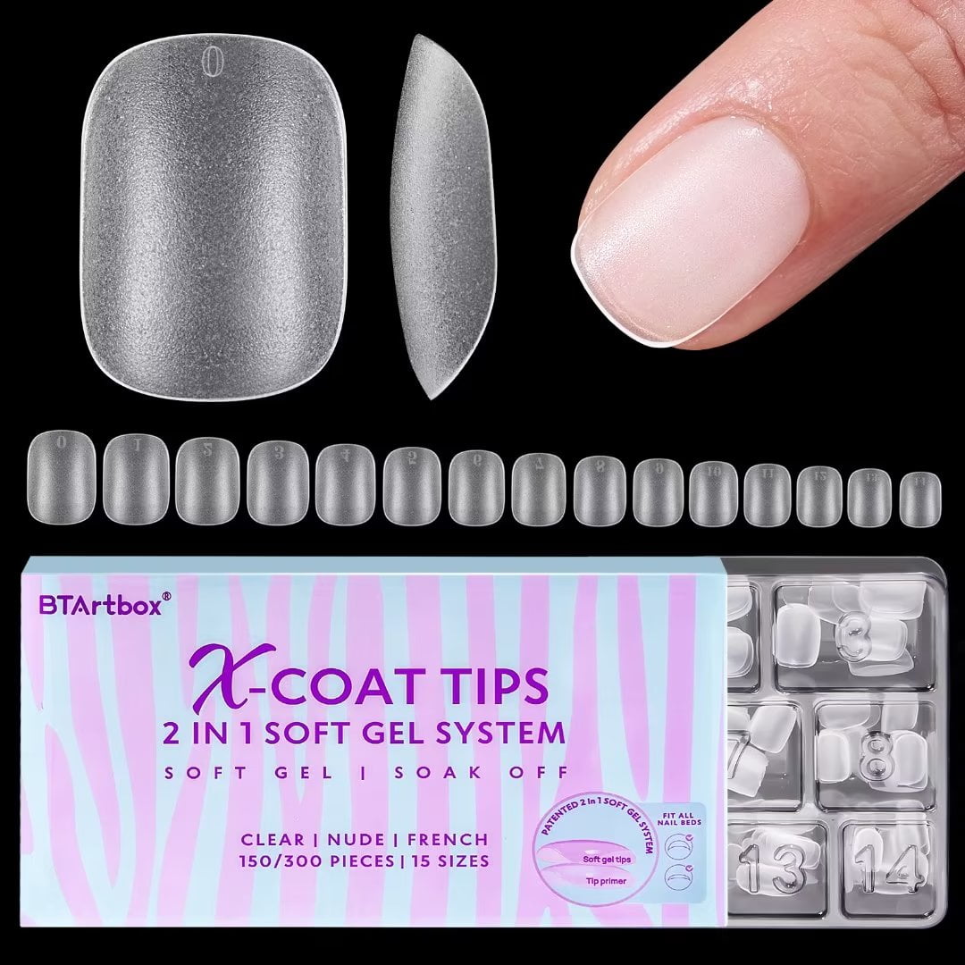 BTArtbox Short Square Clear Fake Nails, X-Coat Gel Tips, 15 Sizes ...