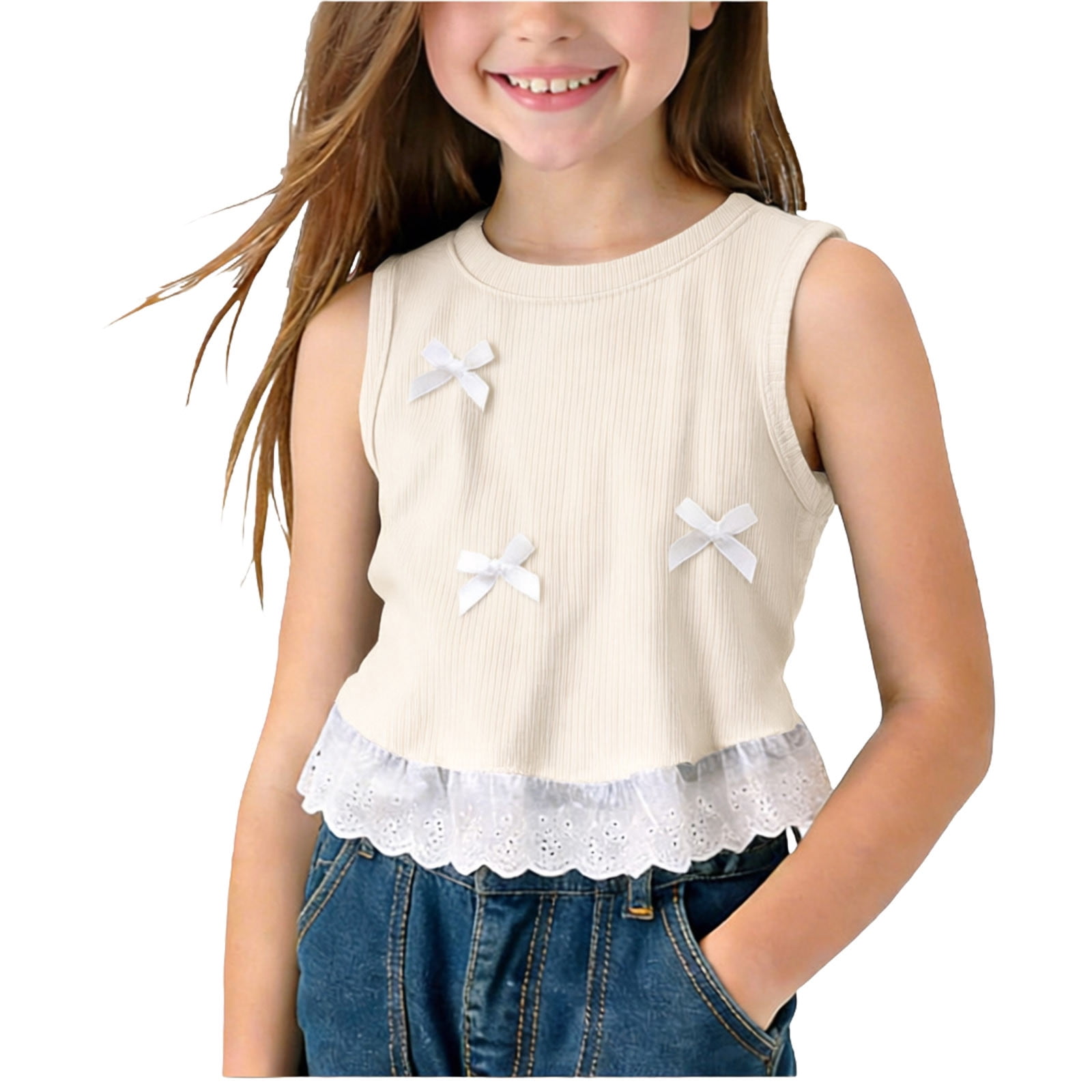 BTDECLAR Girls Bow Tank Tops Lace Hem Summer Sleeveless T Shirts Solid ...