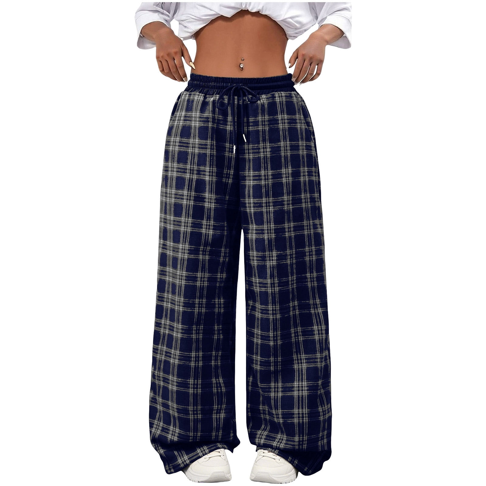 BTDECLAR Women's Plaid Checkered Pants Elastic Waist Drawstring Wide ...