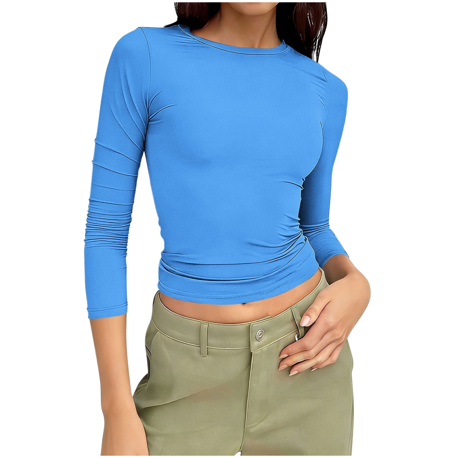BTDECLAR Womens Long Sleeve Crop Tops Crewneck Solid Color Basic T ...
