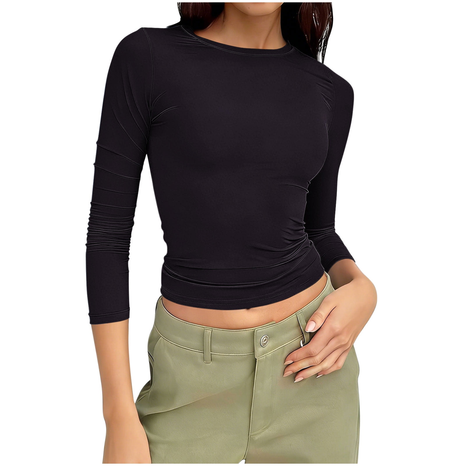 BTDECLAR Womens Long Sleeve Crop Tops Crewneck Solid Color Basic T ...