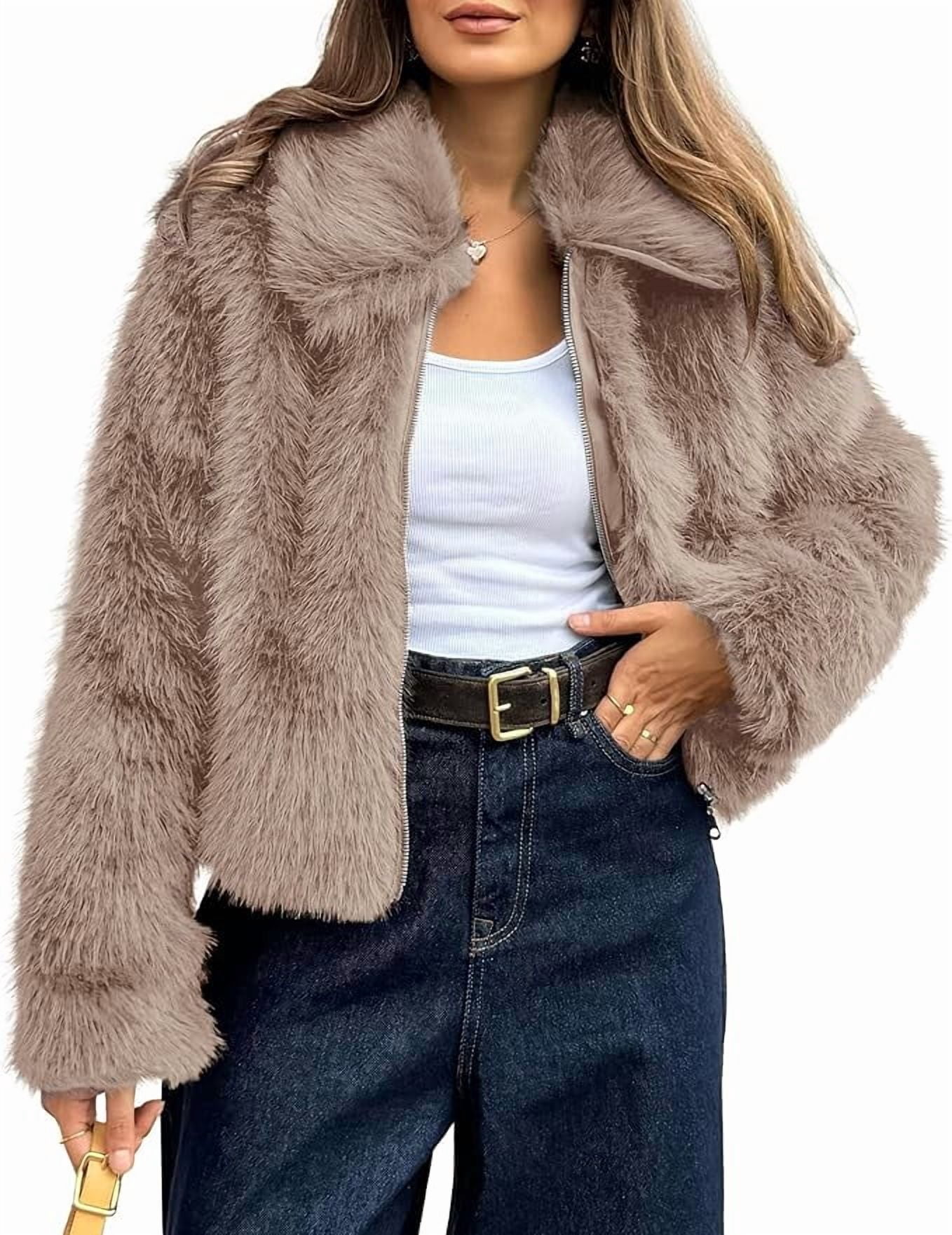 BTFBM Faux Fur Jacket Women Fluffy Winter Cropped Coats Zip Up Fuzzy ...