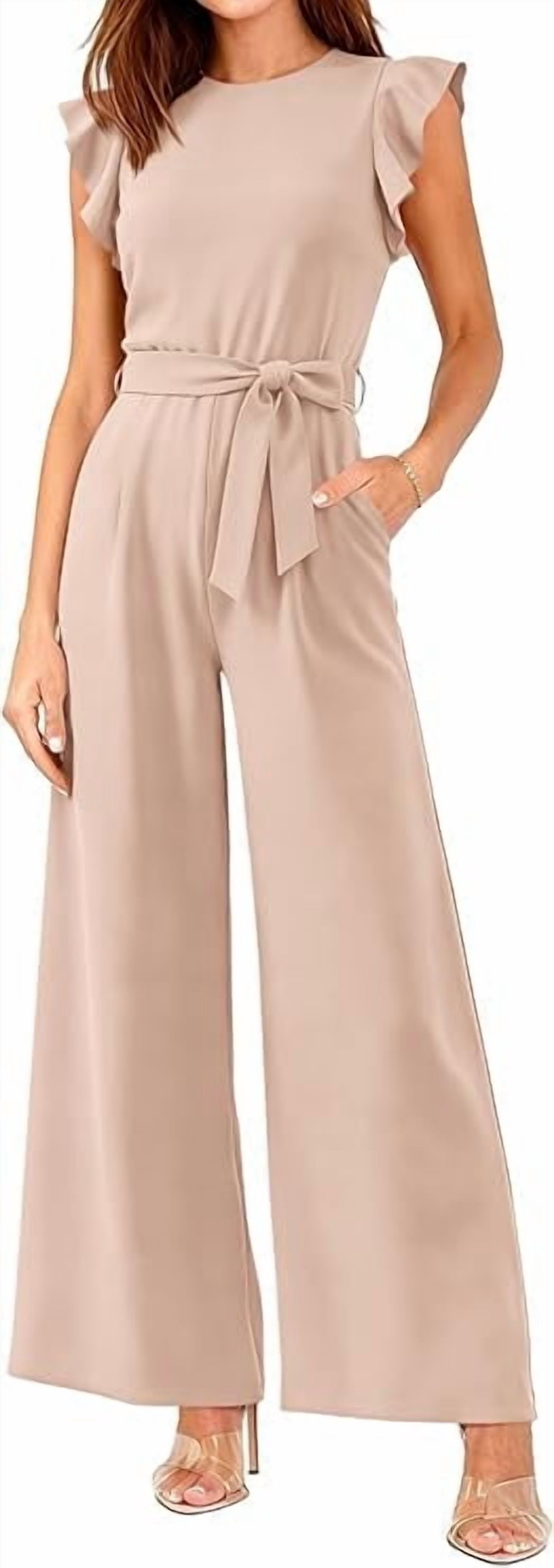 BTFBM Jumpsuits For Women Crew Neck Dressy Cap Sleeve Belted High Waist ...