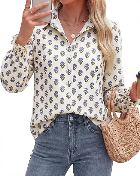 BTFBM Long Sleeve Blouses for Women, Floral V Neck Button Down Shirts ...