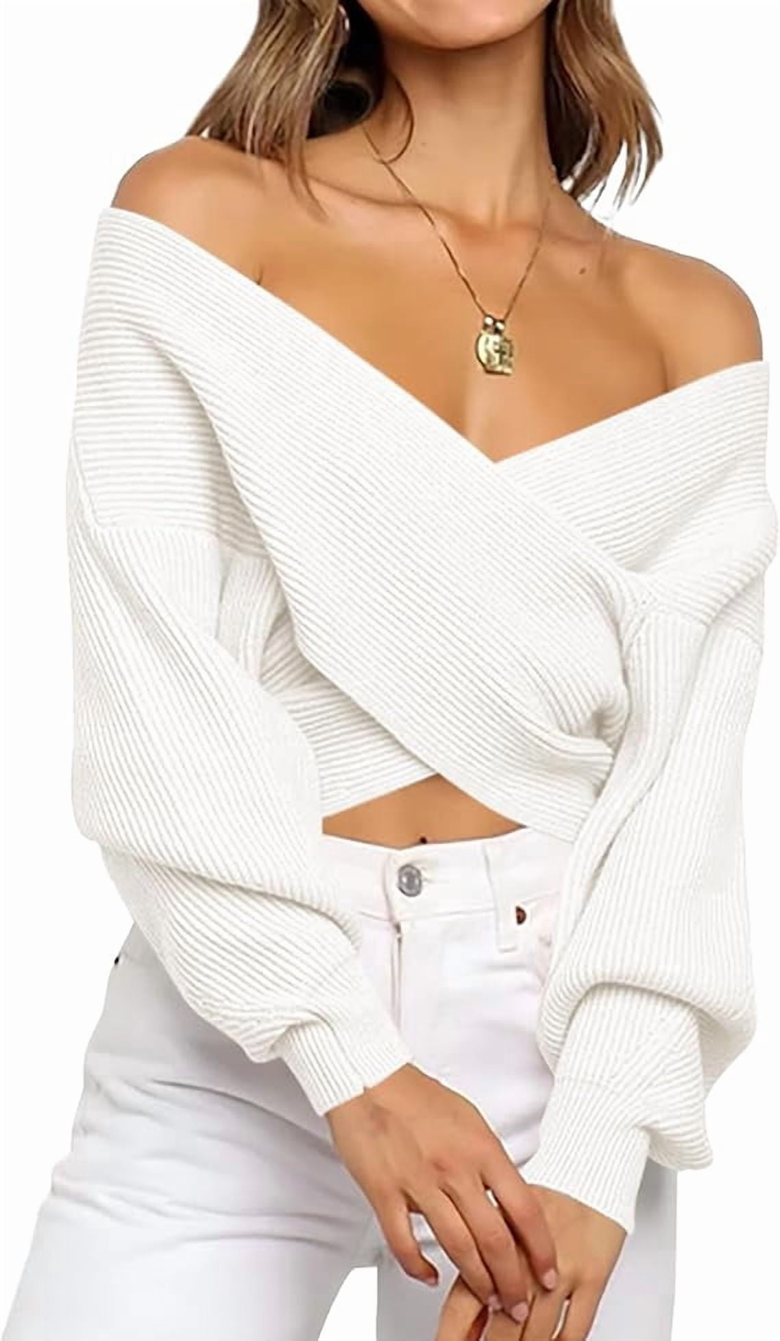 BTFBM Off The Shoulder Sweater for Women Winter Fall Fashion V Neck ...