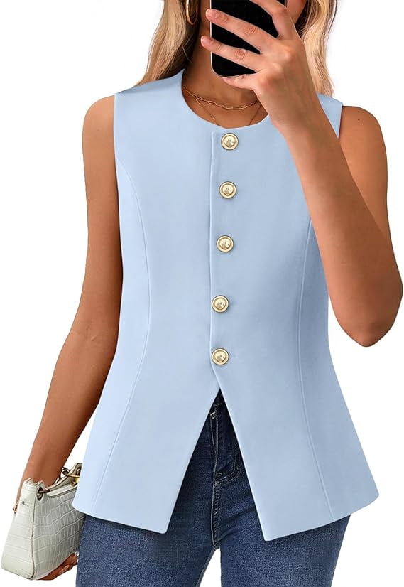 BTFBM Summer Sleeveless Blazer Vest For Women Dressy Button Down Round ...