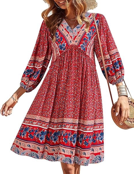 BTFBM Women Casual Spring Summer Dresses V Neck 3/4 Long Sleeve Ruffle ...