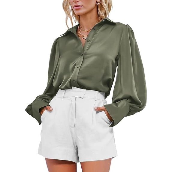 BTFBM Women Satin Blouses Summer Fall Clothes Button Down Lantern Long ...