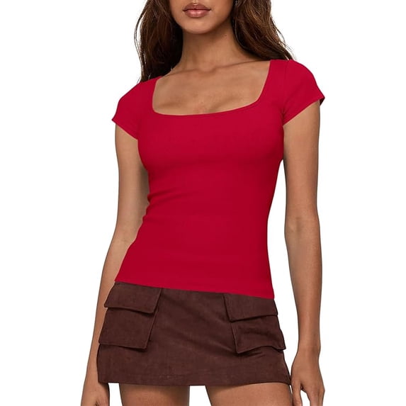 BTFBM Women Short Sleeve Tops Square Neck Ribbed Knit Basic Tee Shirt ...