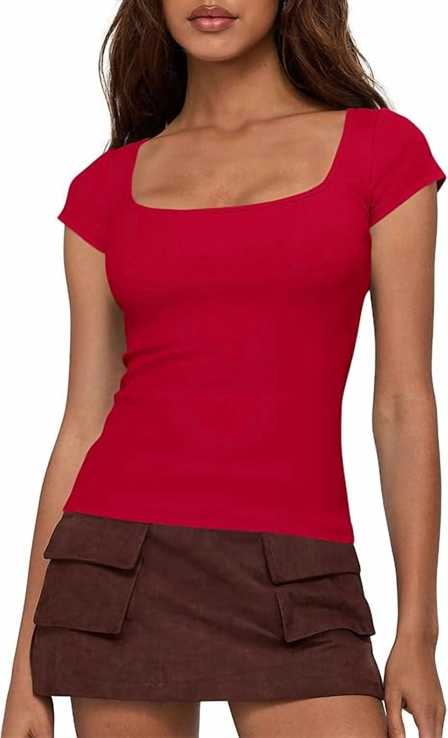 BTFBM Women Short Sleeve Tops Square Neck Ribbed Knit Basic Tee Shirt ...