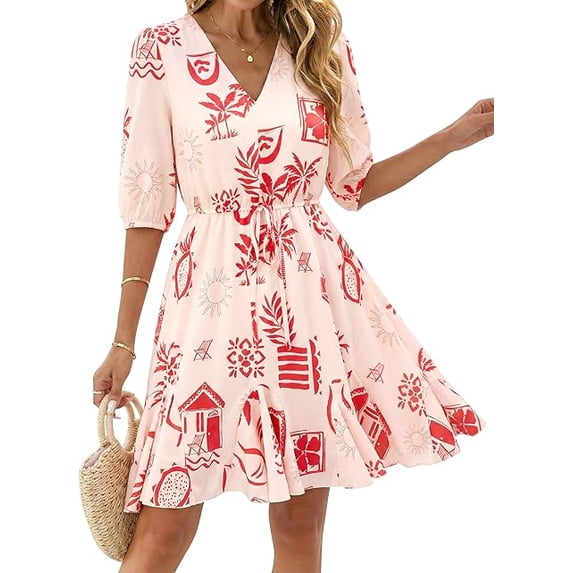 BTFBM Women Summer Spring Floral Boho Mini Dress V Neck Short Sleeve ...