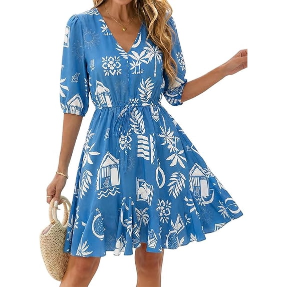 BTFBM Women Summer Spring Floral Boho Mini Dress V Neck Short Sleeve ...