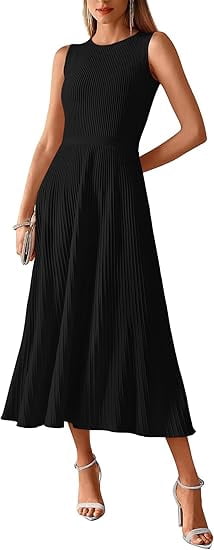 BTFBM Women Tank Midi Dress Summer Crewneck Sleeveless Pleated A Line ...