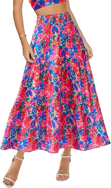 BTFBM Women's Floral Print Midi Maxi Skirts 2025 Summer Casual Aline ...