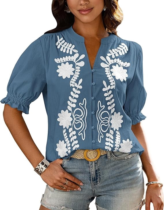 BTFBM Women's Spring Tops Casual Floral Boho V Neck Puff Short Sleeve ...