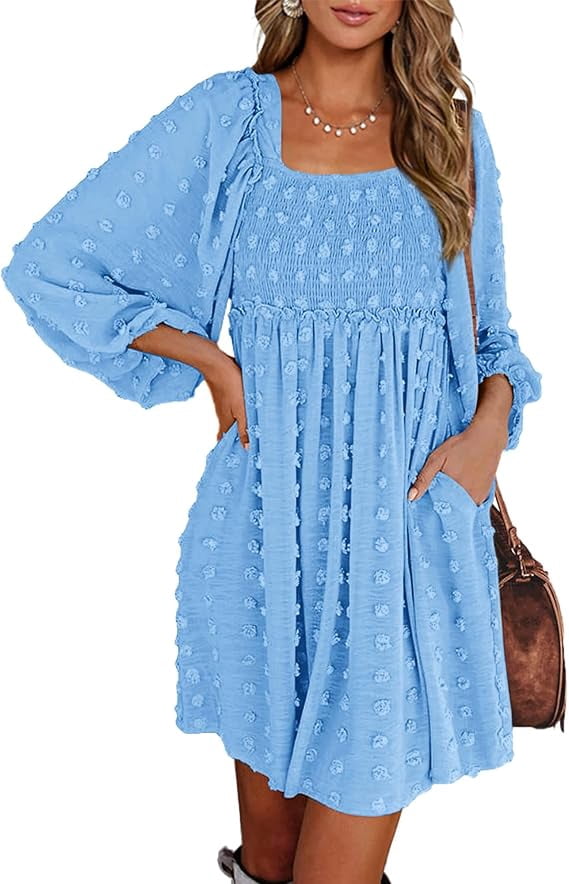 BTFBM Womens Long Sleeve Dress Summer Vacation Square Neck Smocked ...