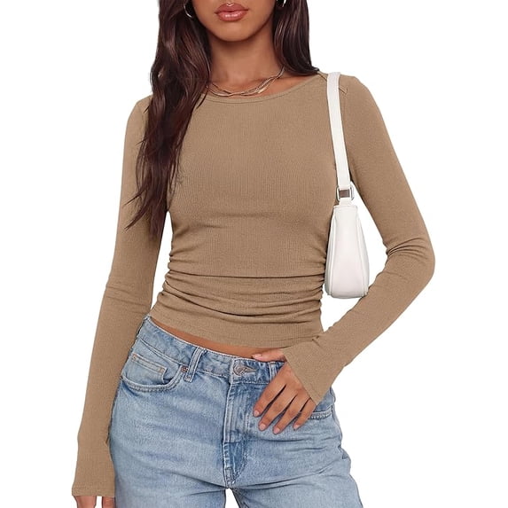 BTFBM Womens Long Sleeve T Shirts Spring Clothes Ribbed Slim Fit Boat ...