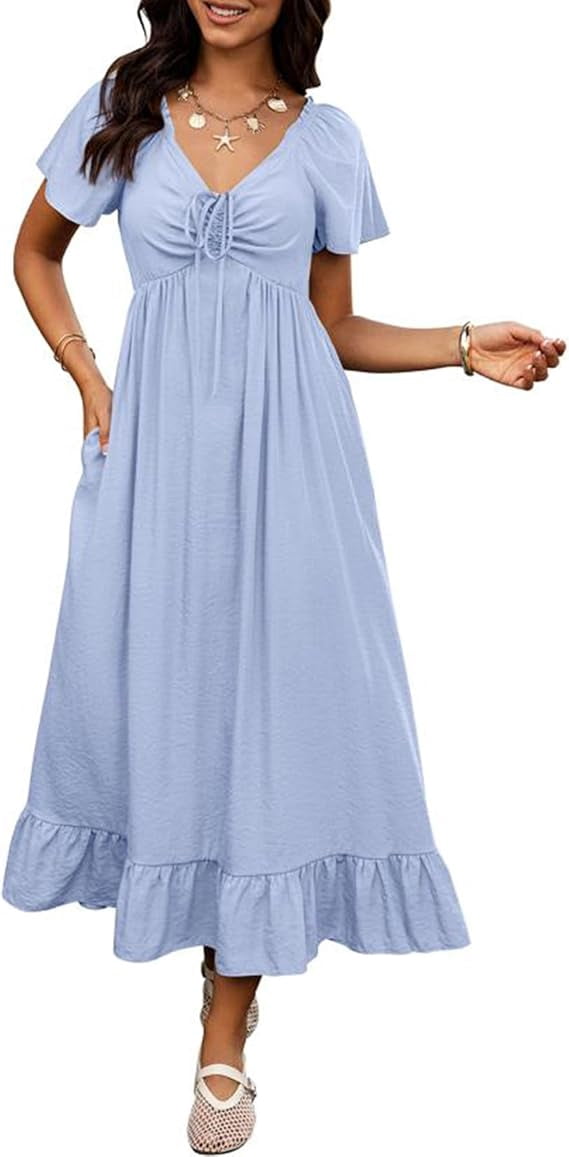 BTFBM Womens Spring Dresses Casual Short Sleeve V Neck Drawstring ...
