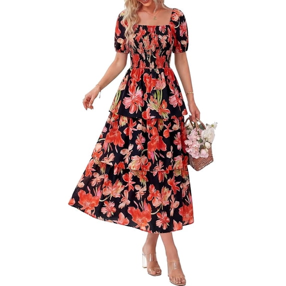 BTFBM Womens Square Neck Smocked Dress Summer Puff Short Sleeve Floral ...