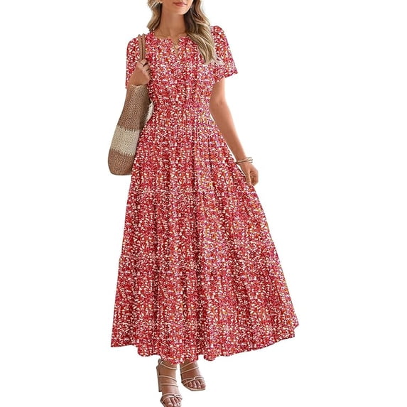 BTFBM Womens Summer Floral Maxi Dresses V Neck Short Sleeve Boho Casual ...