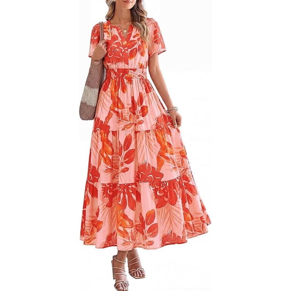 BTFBM Womens Summer Floral Maxi Dresses V Neck Short Sleeve Boho Casual ...