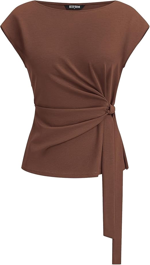 BTFBM Womens Tops Summer Cap Sleeve Crew Neck Tie Waist Blouses Dressy ...