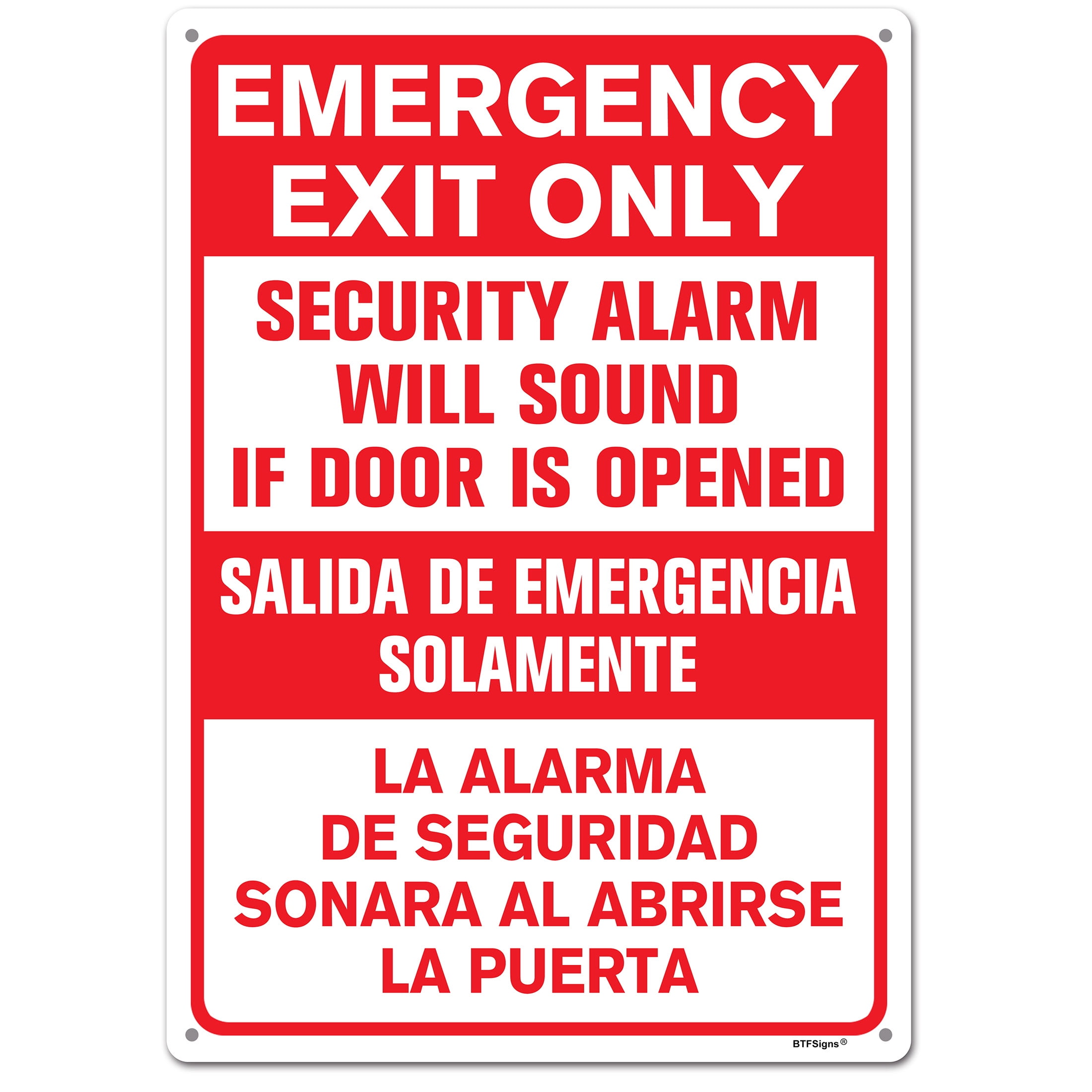 BTFSigns 12" x 16" Emergency Exit Only Sign Security Alarm Will Sound ...