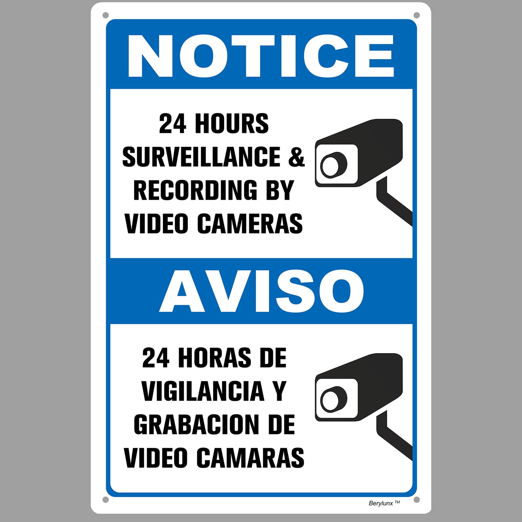 BTFSigns Bilingual 12" x 16" Aviso Safety Sign 24 Hours Surveillance ...