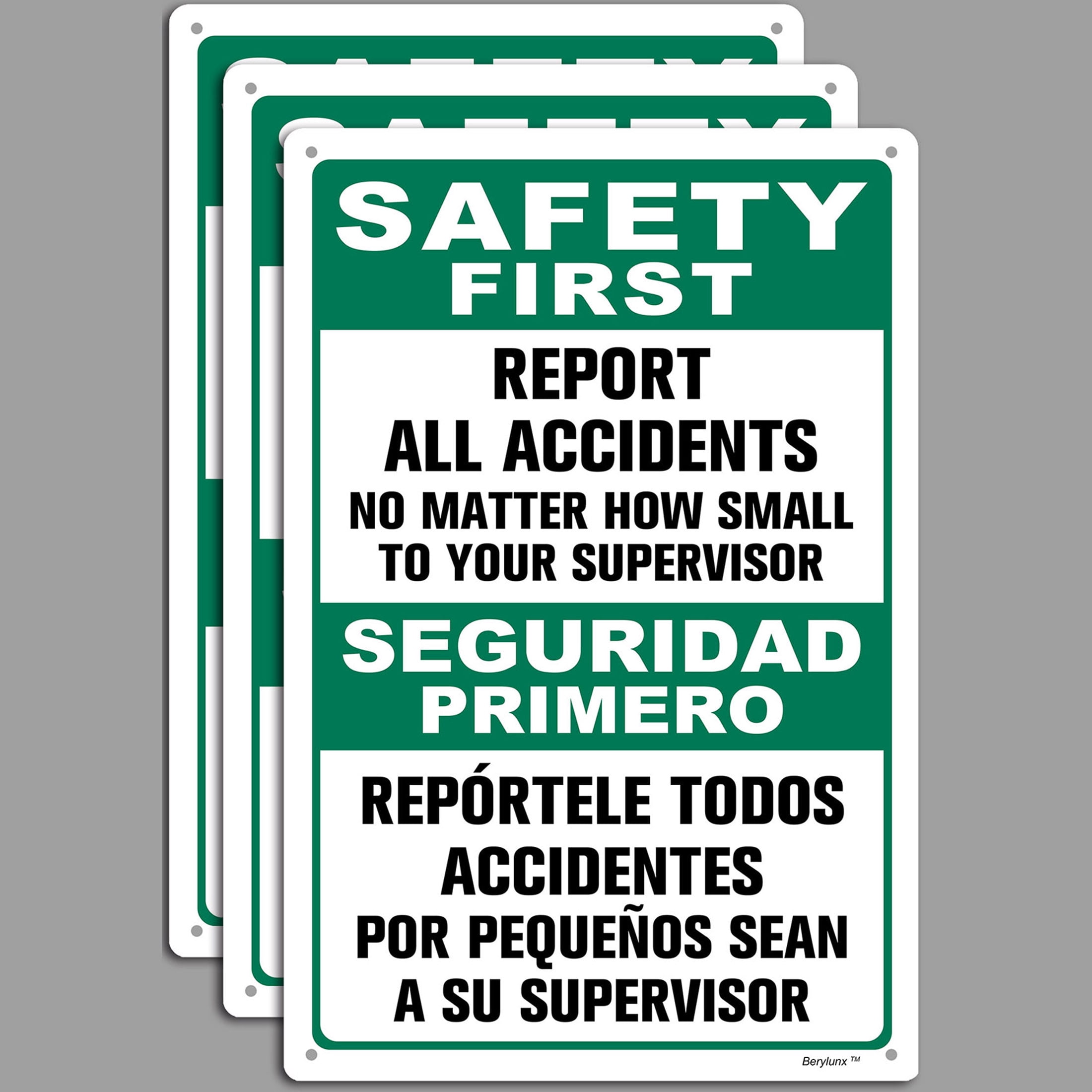 BTFSigns Bilingual 3 Pack 12" x 16" Safety First Report All Accidents ...
