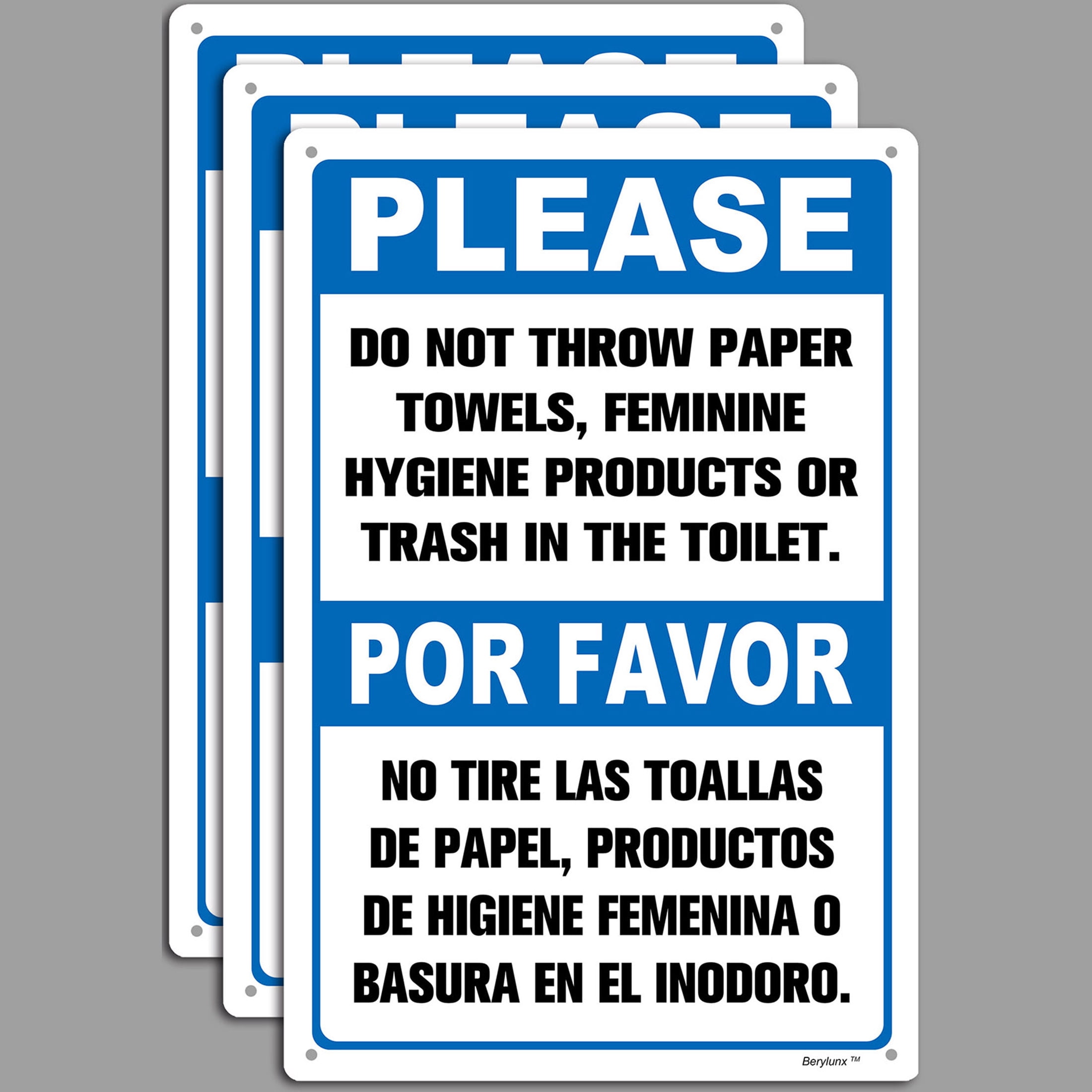 BTFSigns Bilingual 3 Pack 16" x 24" Please Do Not Throw Paper Towels, Feminine Hygiene Products ...