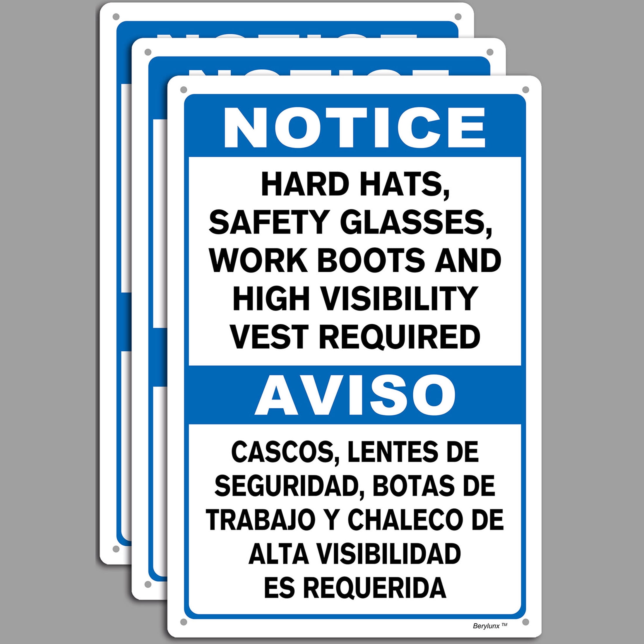 BTFSigns Bilingual 3 Pack 8" x 12" Notice Hard Hats, Safety Glasses ...