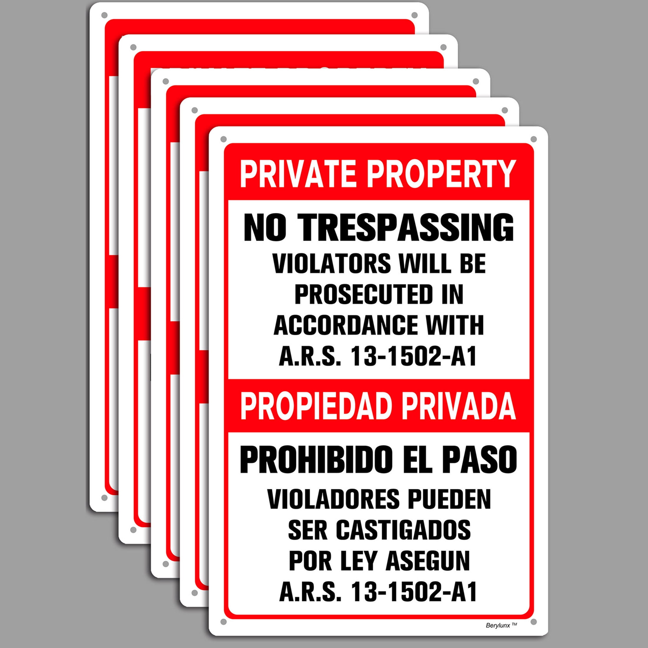 BTFSigns Spanish 5 Pack 12" x 16" Private Property No Trespassing ...