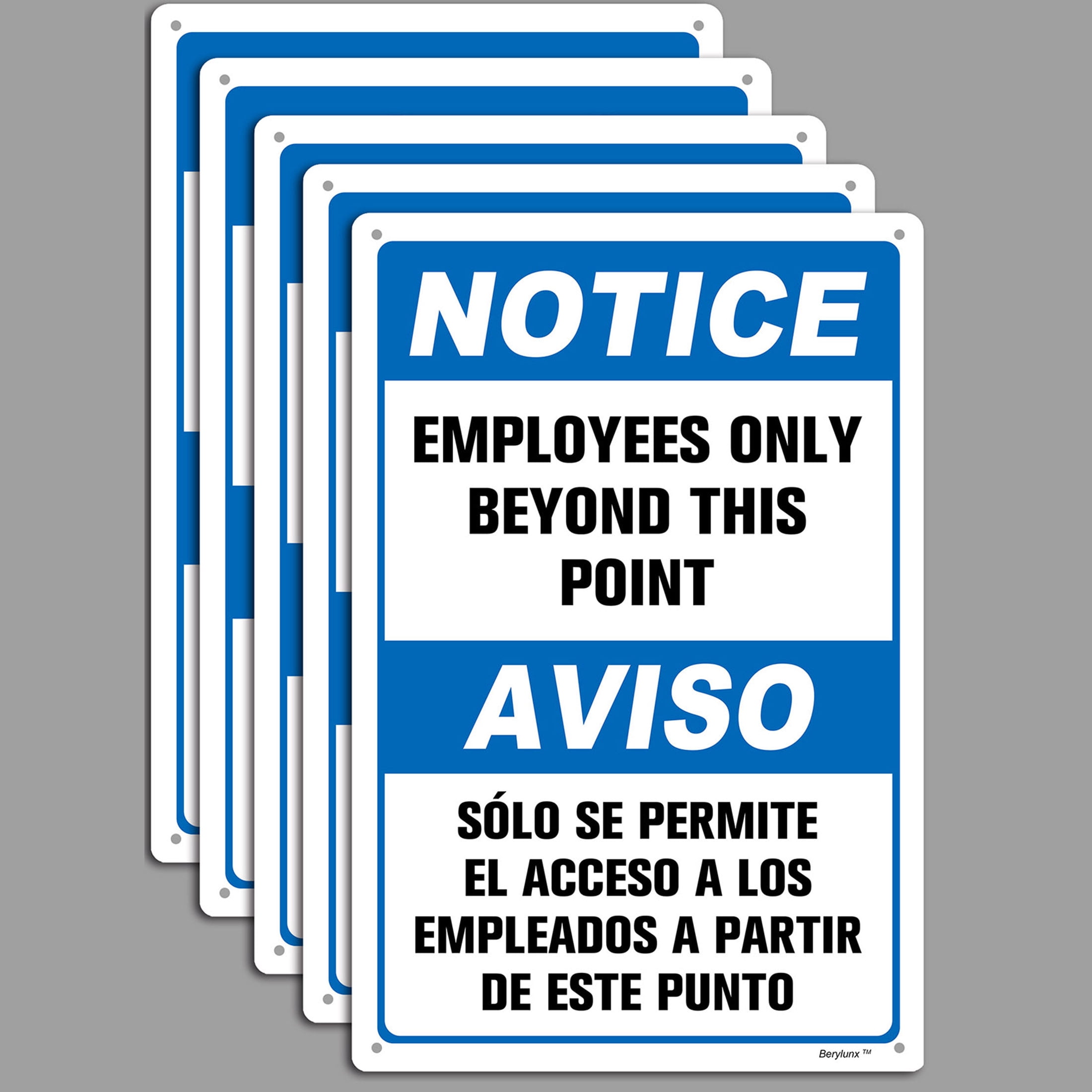 BTFSigns Spanish 5 Pack 12" x 16" Warning Sign Employees Only Beyond ...